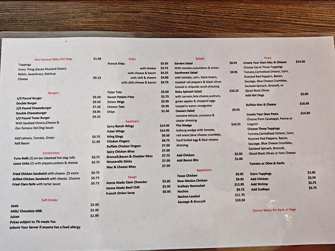 The menu reads like a love letter to comfort food classics. No fancy descriptions needed when the food speaks this eloquently for itself. 