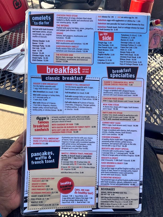 This menu isn't just a list&mdash;it's a roadmap to breakfast nirvana. "Omelets to die for" isn't hyperbole; it's a promise they keep with every order.
