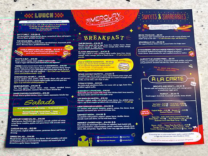 This isn't just a menu—it's a roadmap to happiness. The colorful cosmic design hints at the creative culinary universe you're about to explore.