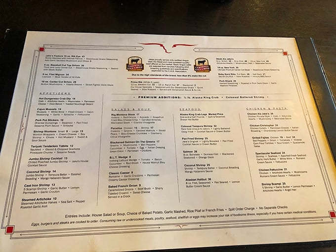 A menu that reads like a love letter to carnivores, with enough seafood options to keep coastal visitors from getting homesick.