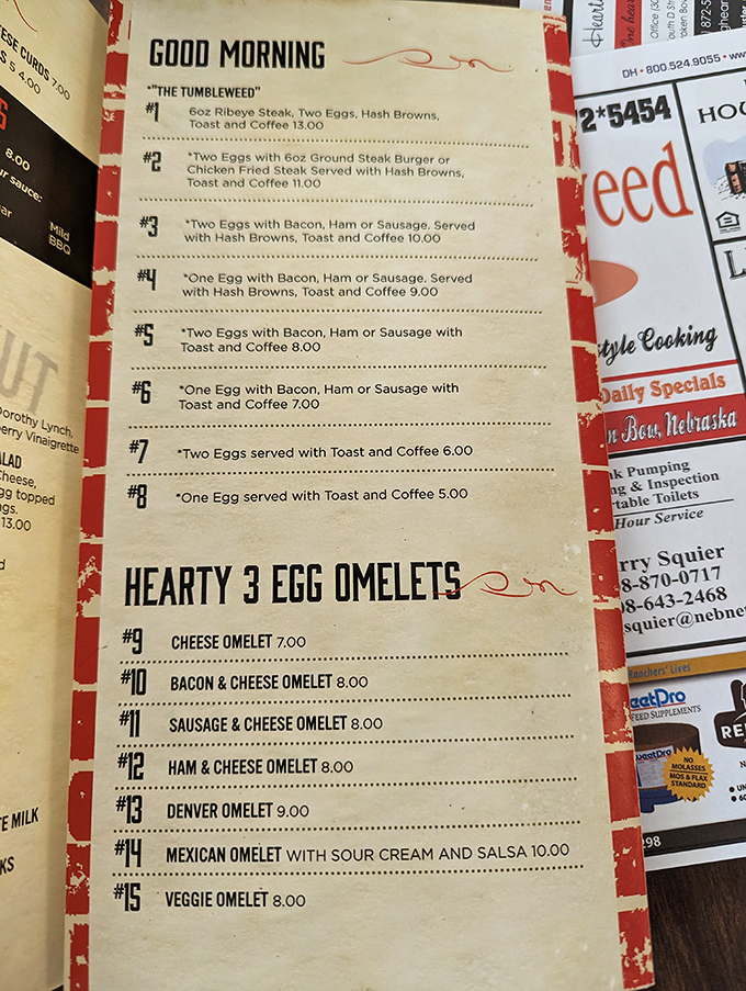 The menu reads like a love letter to breakfast fundamentals. Each numbered option promises a different path to morning happiness. 