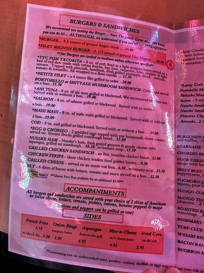 The menu reads like a love letter to carnivores. That warning about not cutting your burger? It's not just cute advice&mdash;it's culinary wisdom.
