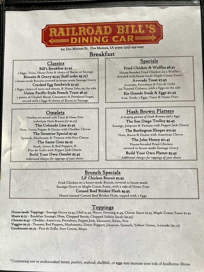 This isn't just a menu—it's a roadmap to happiness. The "San Diego Trolley" hash browns alone are worth the trip across state lines.