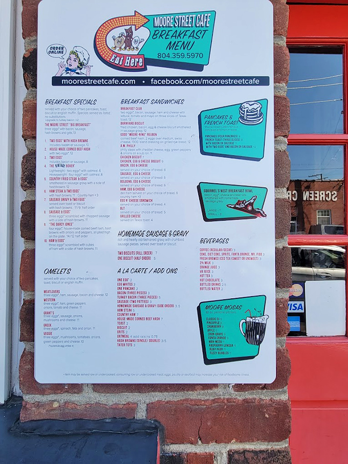 The menu board tells the whole delicious story – this is a place that takes breakfast seriously enough to make it an all-day affair.