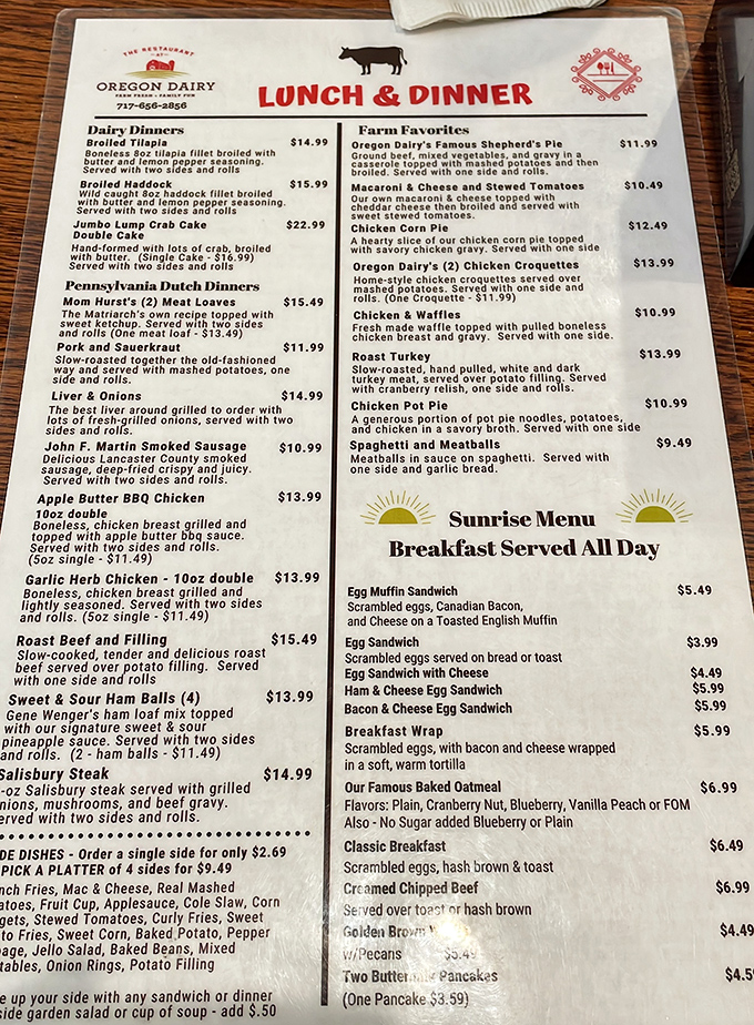 This menu isn't just a list of food—it's a roadmap to Pennsylvania Dutch paradise. The "Sunrise Menu" section alone deserves its own zip code.