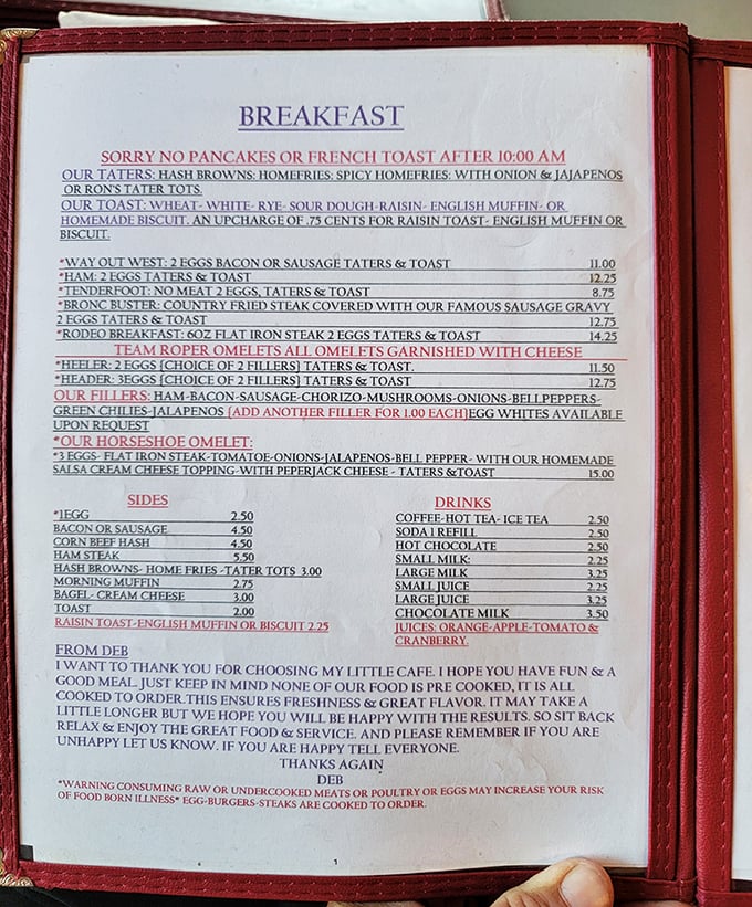 The menu reads like a love letter to breakfast classics. Notice that personal note at the bottom&mdash;when's the last time your chain restaurant cared that much?