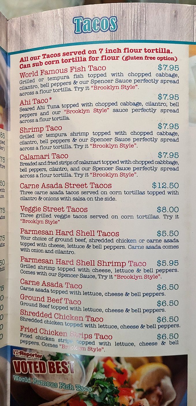 The menu reads like poetry to seafood lovers. "Brooklyn Style" isn't just a suggestion—it's the key to taco nirvana.
