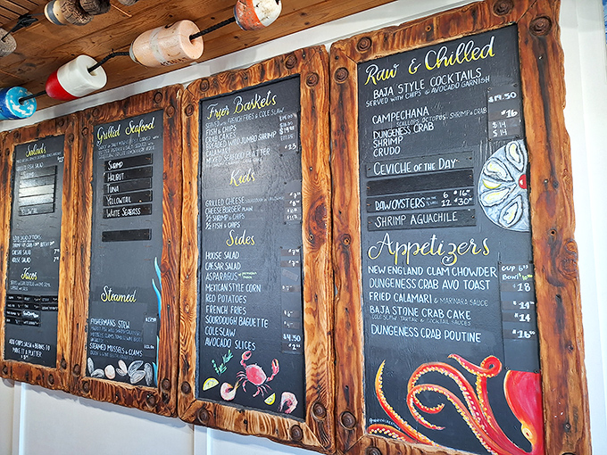 These hand-written chalkboard menus tell you everything you need to know—what was swimming yesterday is what you're eating today.