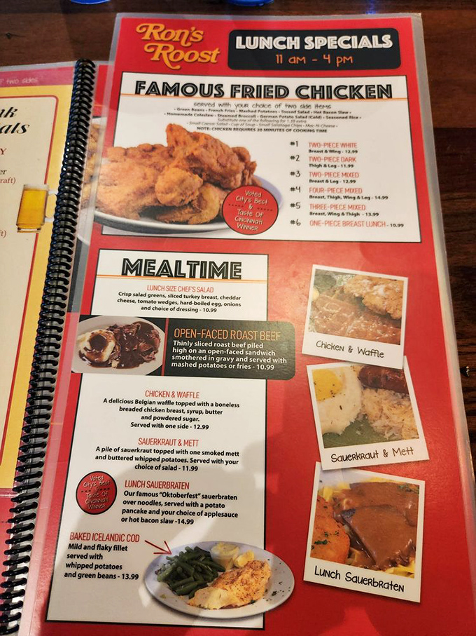 The menu reads like a love letter to Midwest comfort food, with "Famous Fried Chicken" taking center stage. Decision paralysis has never been so delicious.
