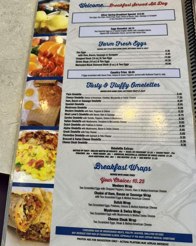 The breakfast menu that launched a thousand food dreams. "Tasty & Fluffy Omelettes" isn't marketing &ndash; it's a solemn promise they keep.