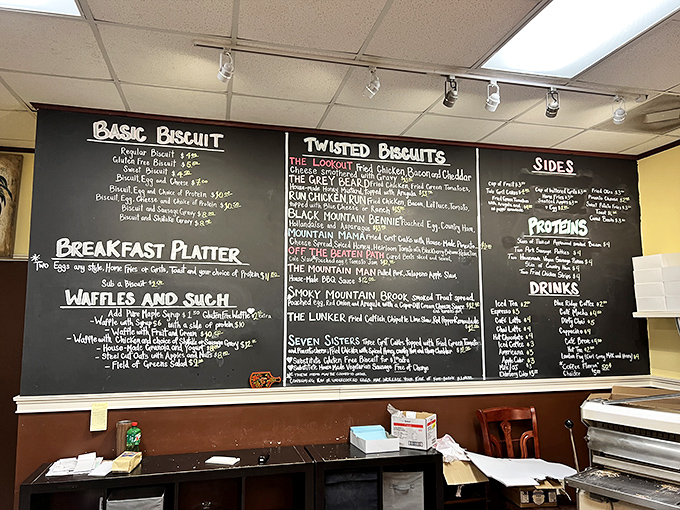 The chalkboard menu reads like a love letter to Southern breakfast. Choosing just one item might be the hardest decision you'll make all day.