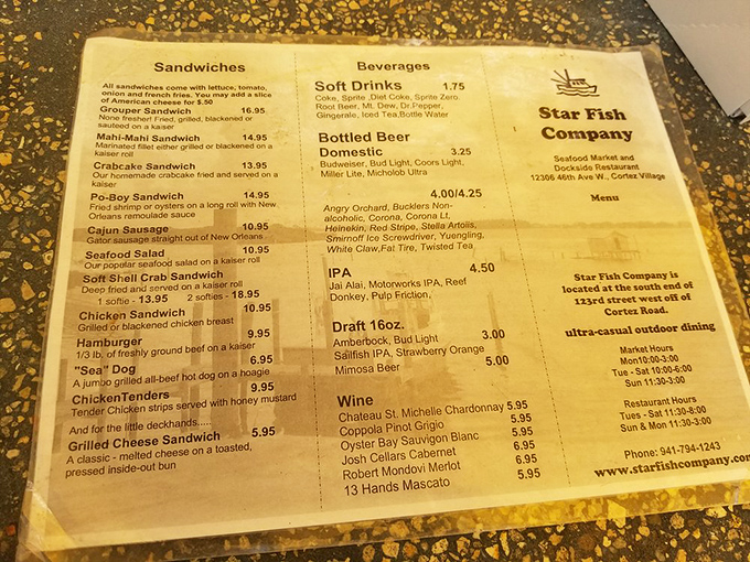 A menu that reads like poetry to seafood lovers. Notice there's no "fancy chef's interpretation" section&mdash;just honest-to-goodness Florida treasures from the deep.