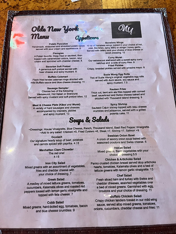 A menu that reads like a European tour with American stopovers. Each description promises a journey worth taking, especially that Bavarian Soft Pretzel calling your name.