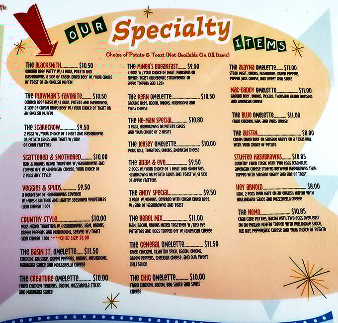 The menu reads like a love letter to breakfast. Each specialty item promises a plate-filling adventure that might require a post-meal nap.