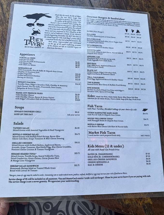 The menu reads like Poe's bibliography—each burger a chapter in a delicious narrative that unfolds with every savory bite.