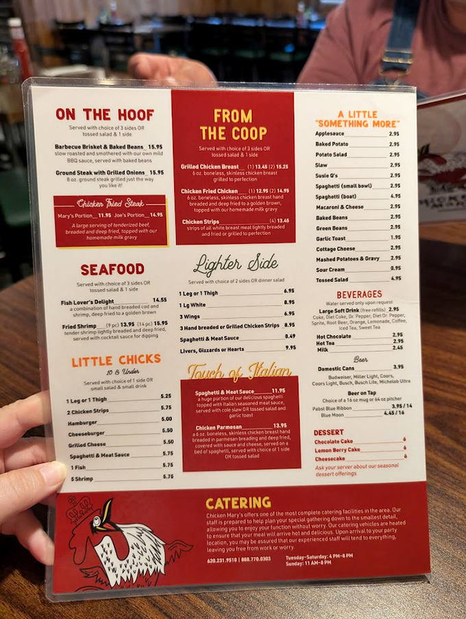 The menu reads like a love letter to Midwestern cuisine – fried chicken takes center stage, but don't sleep on those "Touch of Italian" offerings.