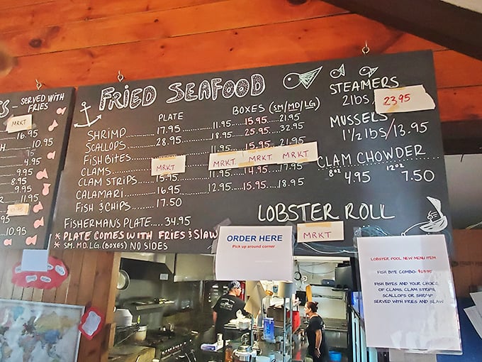 The chalkboard menu&mdash;seafood's greatest hits written in chalk. No fancy fonts needed when the lobster speaks for itself.