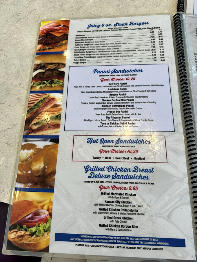 A menu that reads like a love letter to American classics. Those burger photos aren't just pictures&mdash;they're promises of delicious things to come.