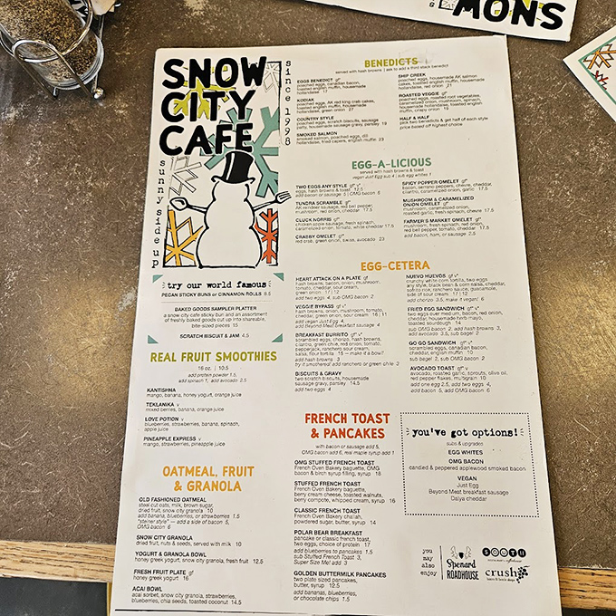 This menu isn't just a list of options—it's a roadmap to breakfast nirvana with clever names that'll make you smile before the food arrives.