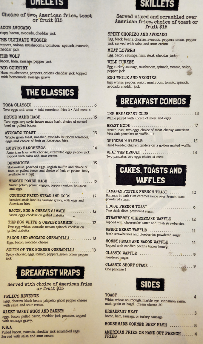 This menu reads like a greatest hits album of breakfast classics with creative twists that'll challenge your decision-making skills.