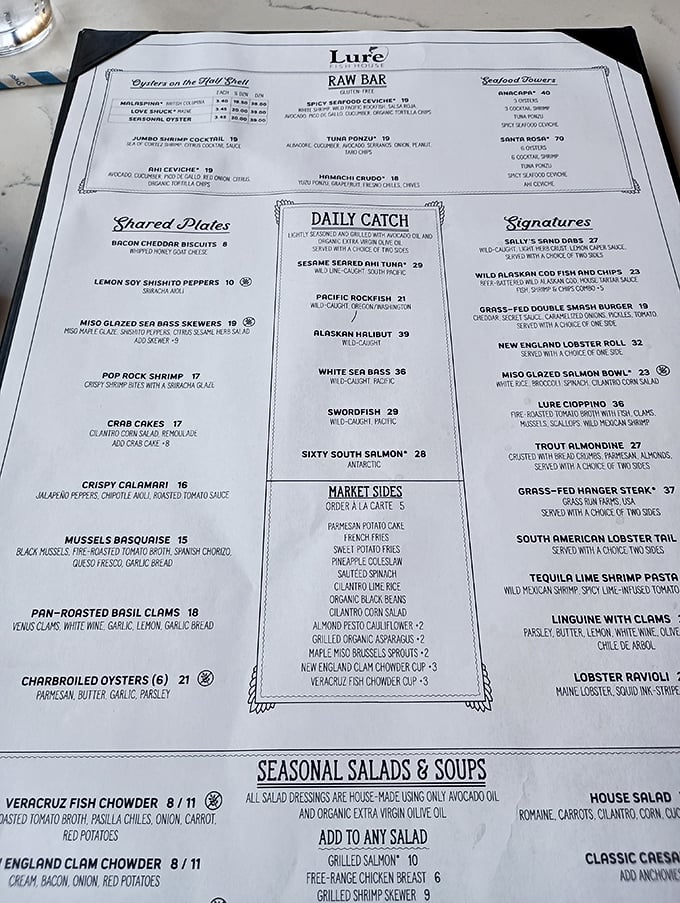 A menu that reads like poetry for seafood lovers. From oysters on the half shell to the legendary New England Clam Chowder, each item promises oceanic bliss.