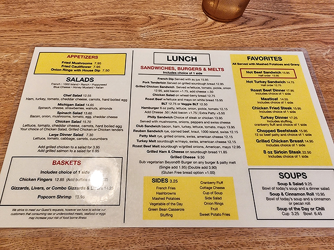 A menu that reads like a love letter to American classics. Each section promises a different kind of satisfaction.