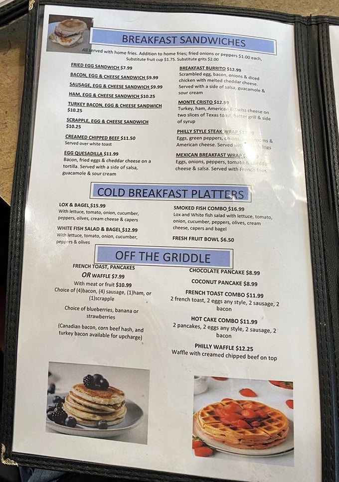 The breakfast menu reads like a love letter to morning indulgence, from Monte Cristo sandwiches to chocolate pancakes that would make your cardiologist wince.