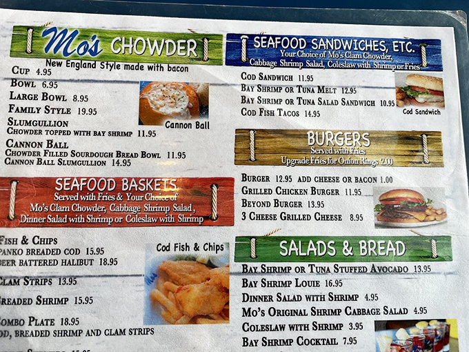 The menu tells the whole story: Mo's isn't trying to reinvent seafood, they're perfecting the classics that have kept families returning for decades.