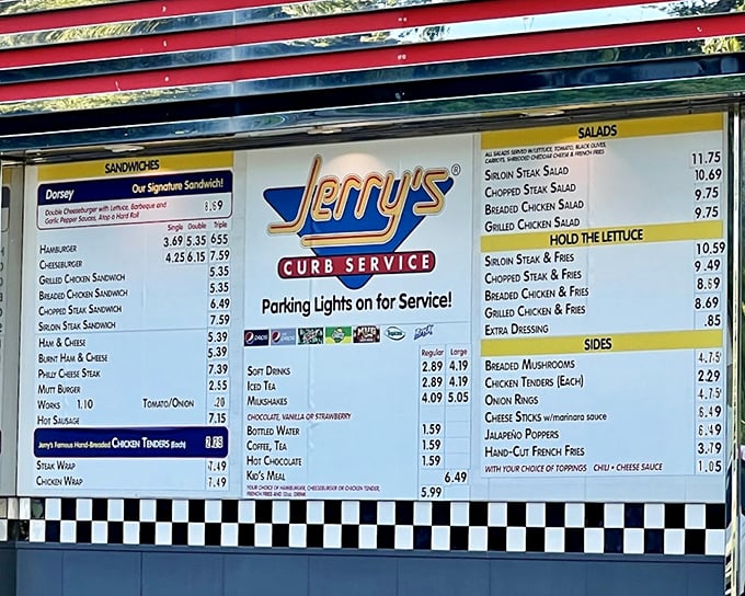 "Parking Lights on for Service!" The menu board at Jerry's is like a greatest hits album of American drive-in classics&mdash;no autotune, just pure flavor.