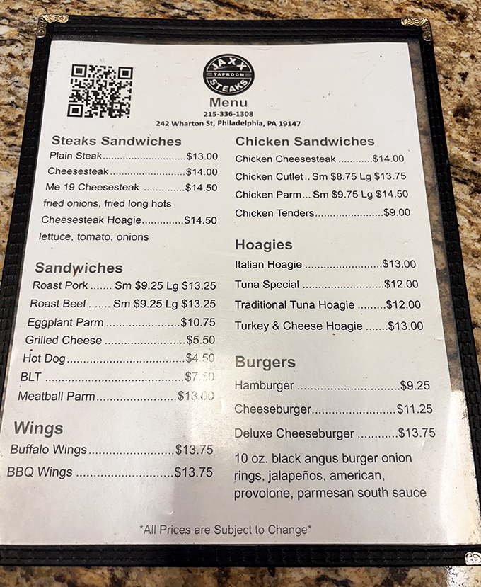 The menu at Jaxx reads like a love letter to Philadelphia classics, with the Me 19 Cheesesteak serving as the passionate postscript.