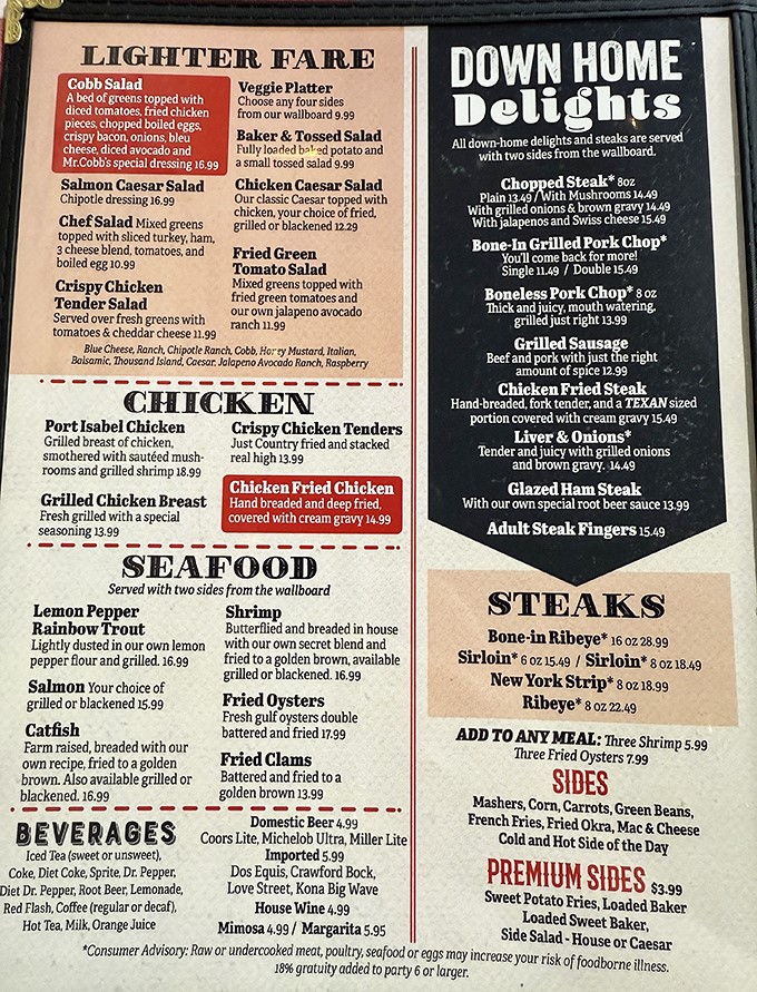 This menu isn't just a list of food&mdash;it's a roadmap to happiness. The "Down Home Delights" section alone could solve most of life's problems.