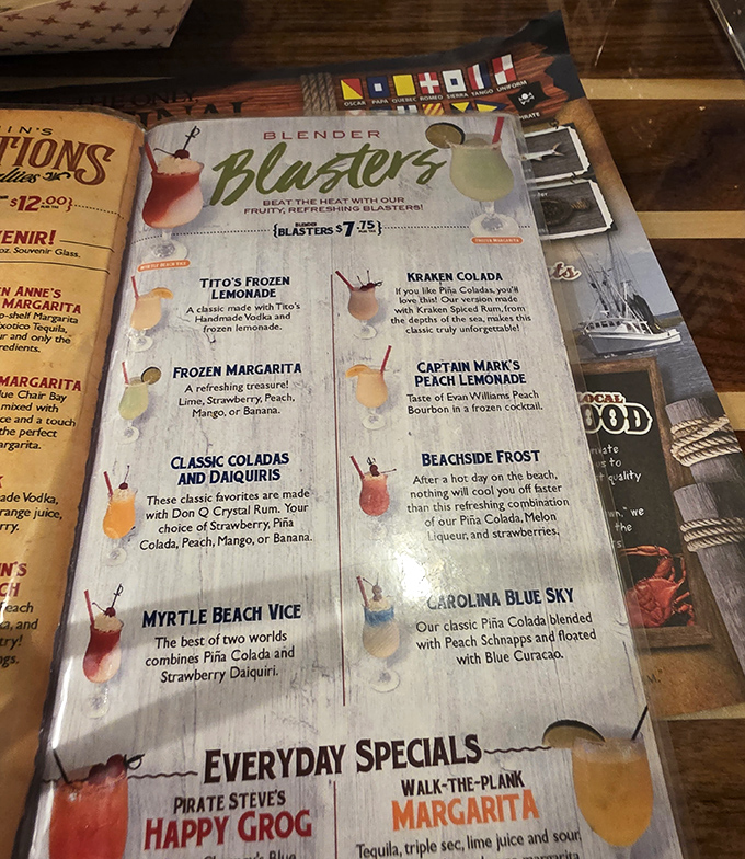 The cocktail menu reads like a vacation in liquid form – because nothing says "I'm at the beach" quite like a Kraken Colada.