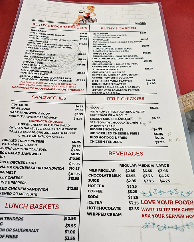 A menu that doesn't need fancy fonts or culinary buzzwords—just honest offerings from "Ruthy's Rockin Burgers" to "Little Chickies" that satisfy the soul.