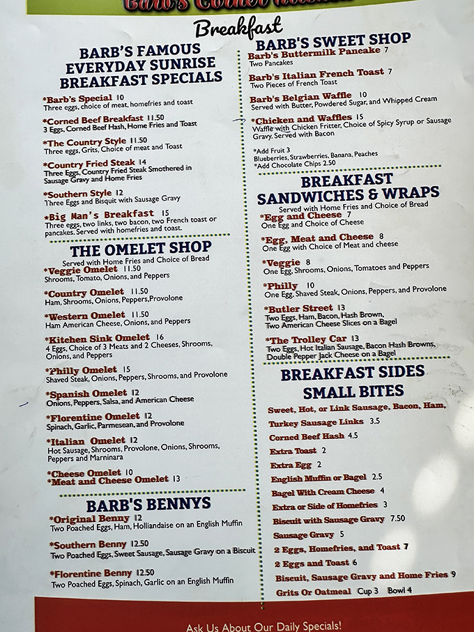 A menu that reads like a love letter to breakfast classics. No molecular gastronomy here&mdash;just honest food that understands what morning hunger truly craves.