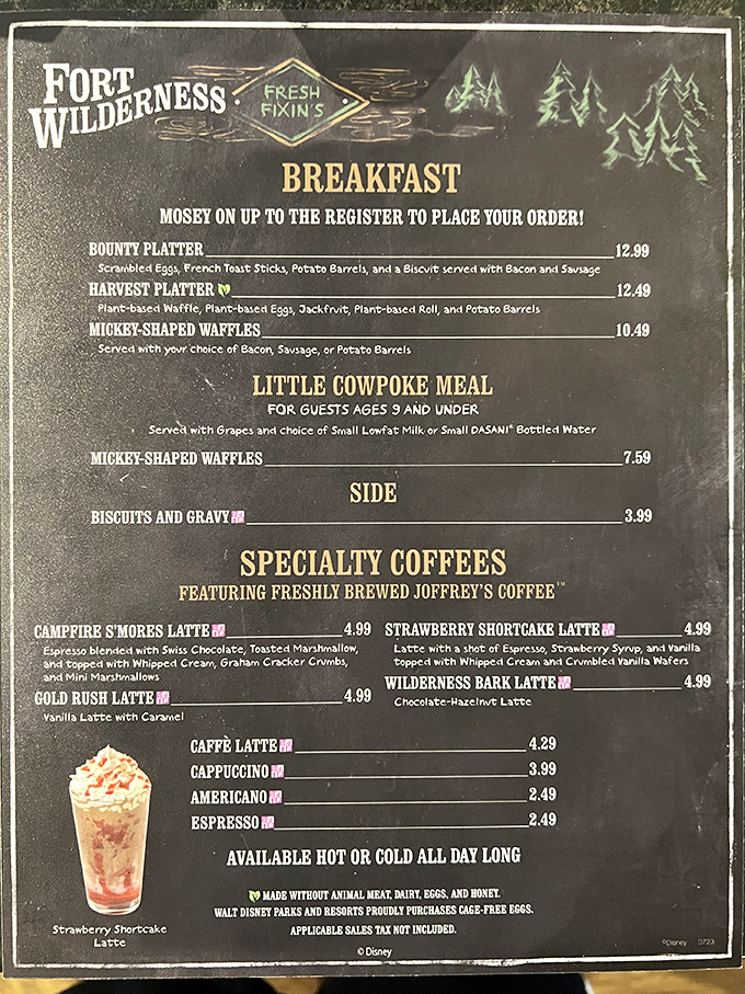 This menu isn't just listing food&mdash;it's mapping out your morning happiness with Mickey waffles and specialty coffees that make regular joe seem like a distant memory.