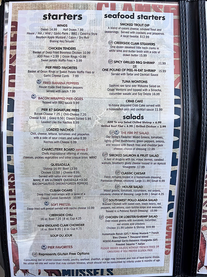 A menu that reads like a love letter to comfort food with seafood aspirations. The real struggle? Choosing just one thing.