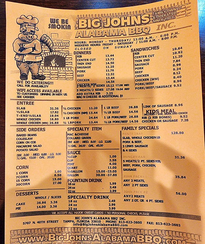 The menu board &ndash; a sacred text for barbecue pilgrims. Study it carefully, order abundantly, and prepare for smoky enlightenment.