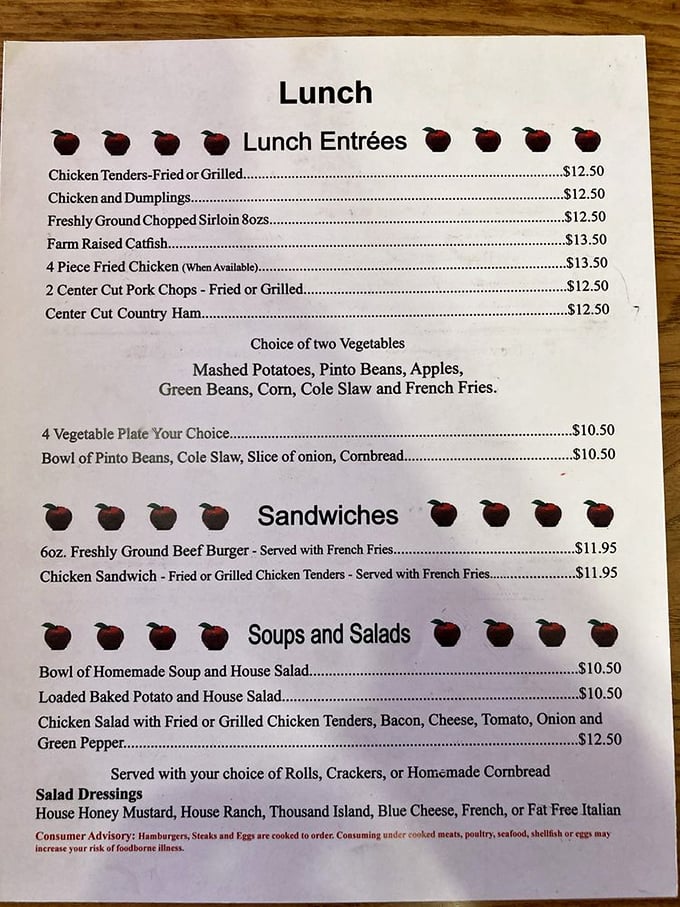 This menu reads like a love letter to Southern comfort food&mdash;each apple icon promising a journey into Appalachian culinary tradition.