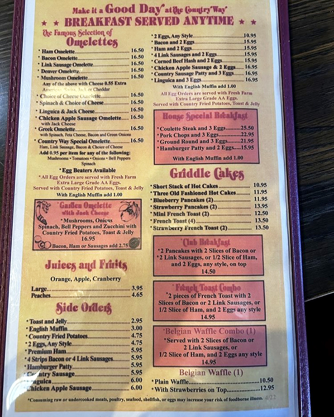 A menu that doesn't need fancy fonts or chef bios &ndash; just straightforward breakfast glory with options that'll make decision-making your morning's biggest challenge.