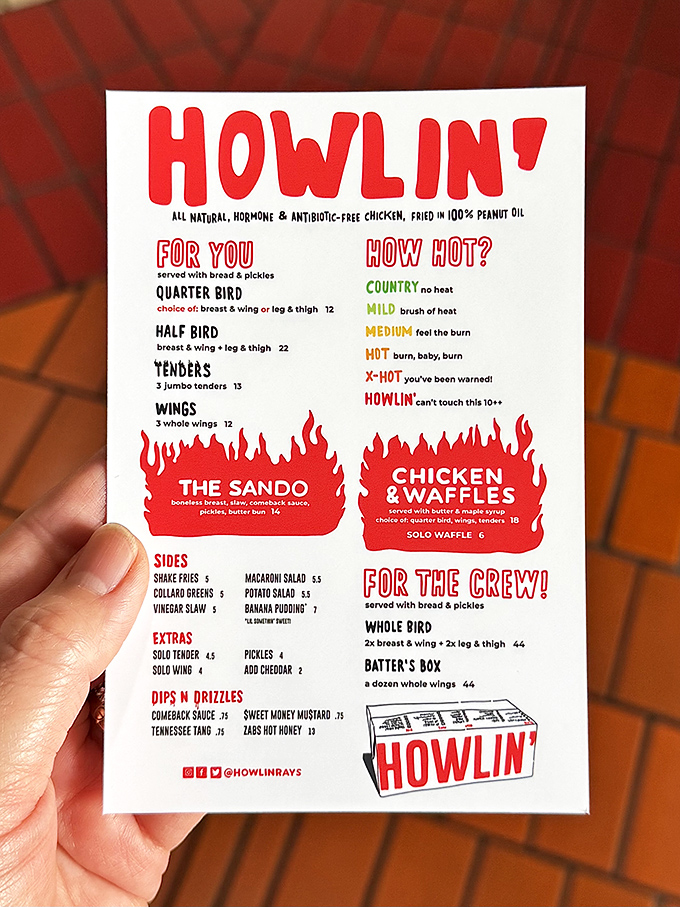 The menu of dreams: six heat levels from "Country" (no heat) to "Howlin'" (face-melting). Choose your adventure wisely, brave soul.