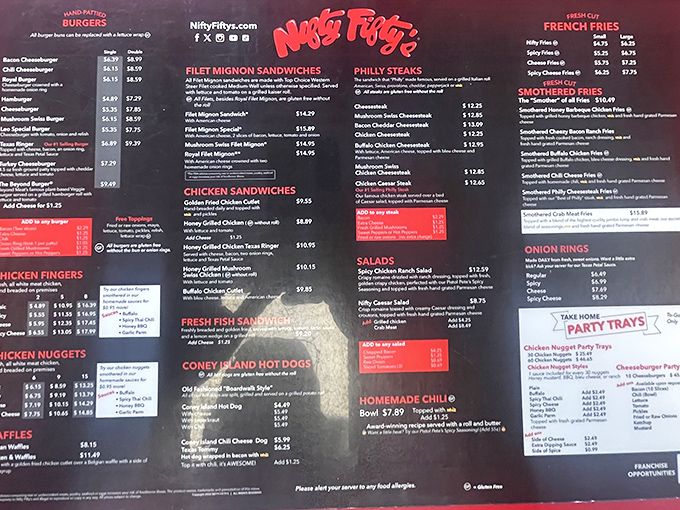 A menu that doesn't just list food but catalogs happiness. Choosing between filet mignon sandwiches and smothered fries might be the day's toughest decision.