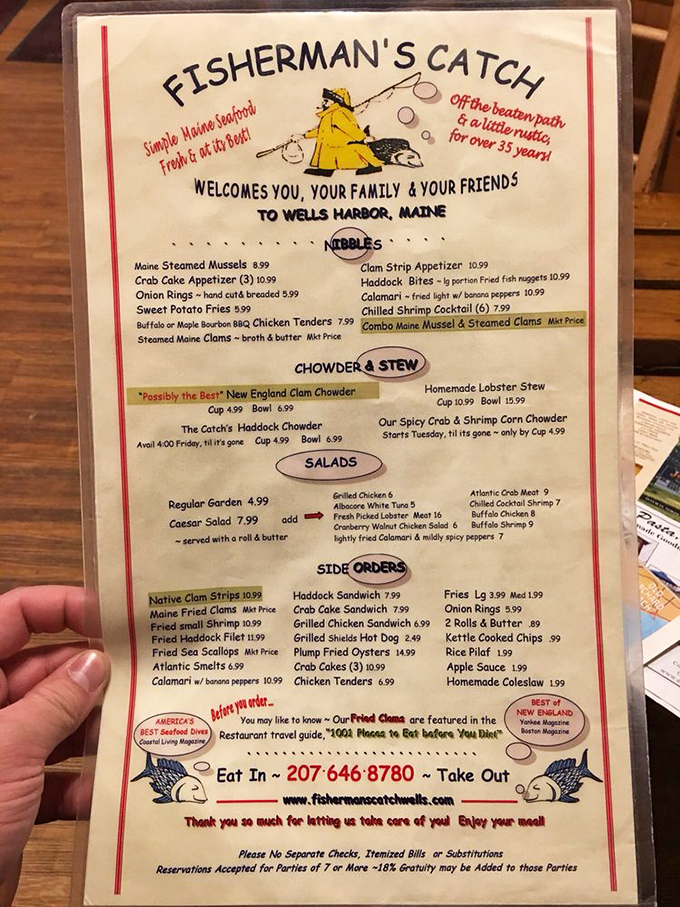 A menu that reads like poetry to seafood lovers. That "Possibly the Best" New England Clam Chowder isn't false advertising&mdash;it's humble Maine understatement.