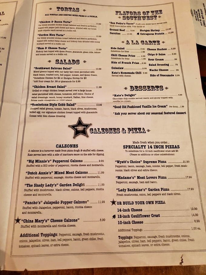 A menu that would make Doc Holliday himself order seconds. From Southwestern specialties to hearty calzones, every cowpoke will find something to satisfy.