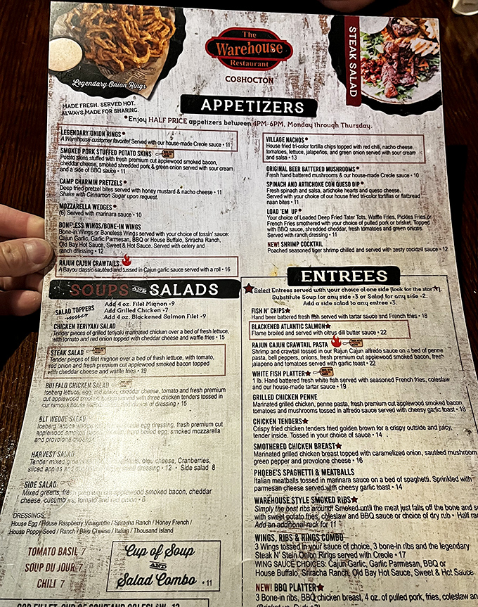 A menu that reads like a love letter to carnivores, with legendary onion rings that have their own fan club.