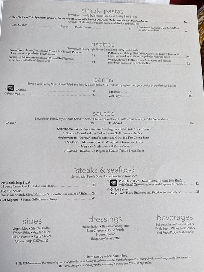 The menu reads like a love letter to Italian cuisine, with each description promising a different path to pasta nirvana.