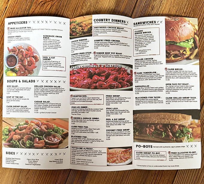 This menu isn't just a list&mdash;it's a roadmap to happiness. From fried alligator tail to blackened fish, decisions have never been so deliciously difficult.