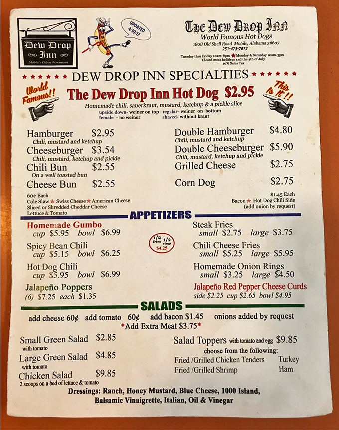 The menu reads like a greatest hits album of American comfort food, with hot dogs taking center stage.