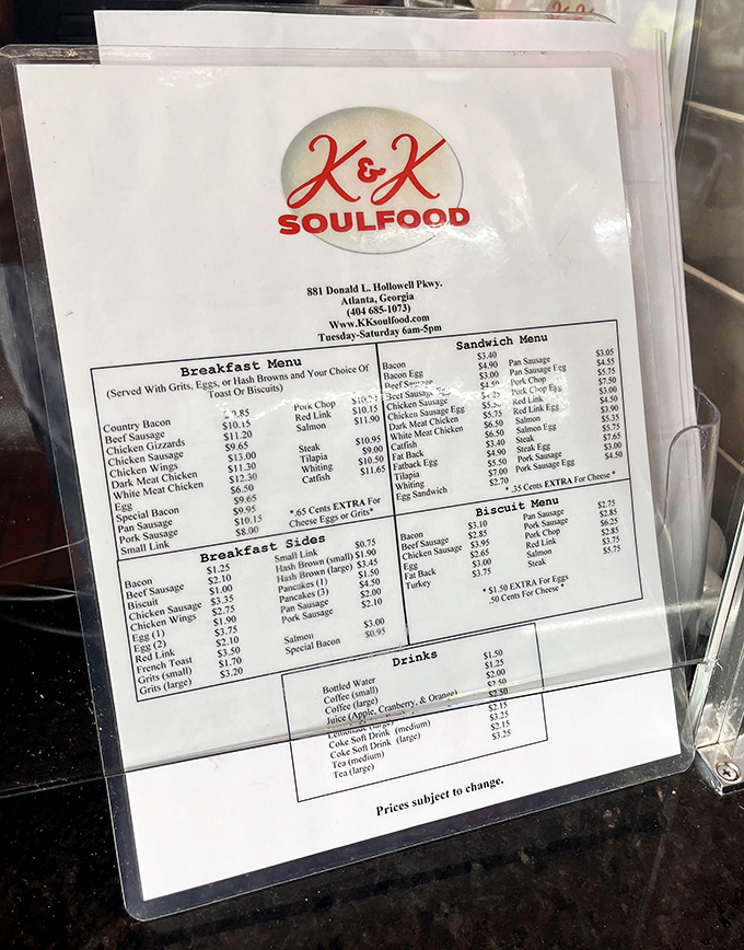 This menu isn't just a list of dishes—it's a historical document of Southern culinary tradition. Notice those prices? That's value that respects your wallet.