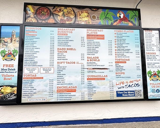 The menu board at Vallarta Express is like a treasure map where X marks the spot for every possible Mexican craving.