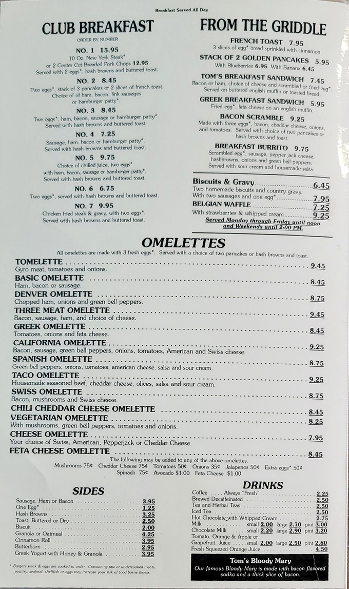 The menu at Tom's reads like a love letter to breakfast classics &ndash; no need for Google Translate to understand these delicious offerings.